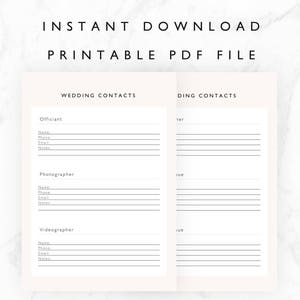 Wedding Contact List Template - Excel Spreadsheet + Printable PDF ...