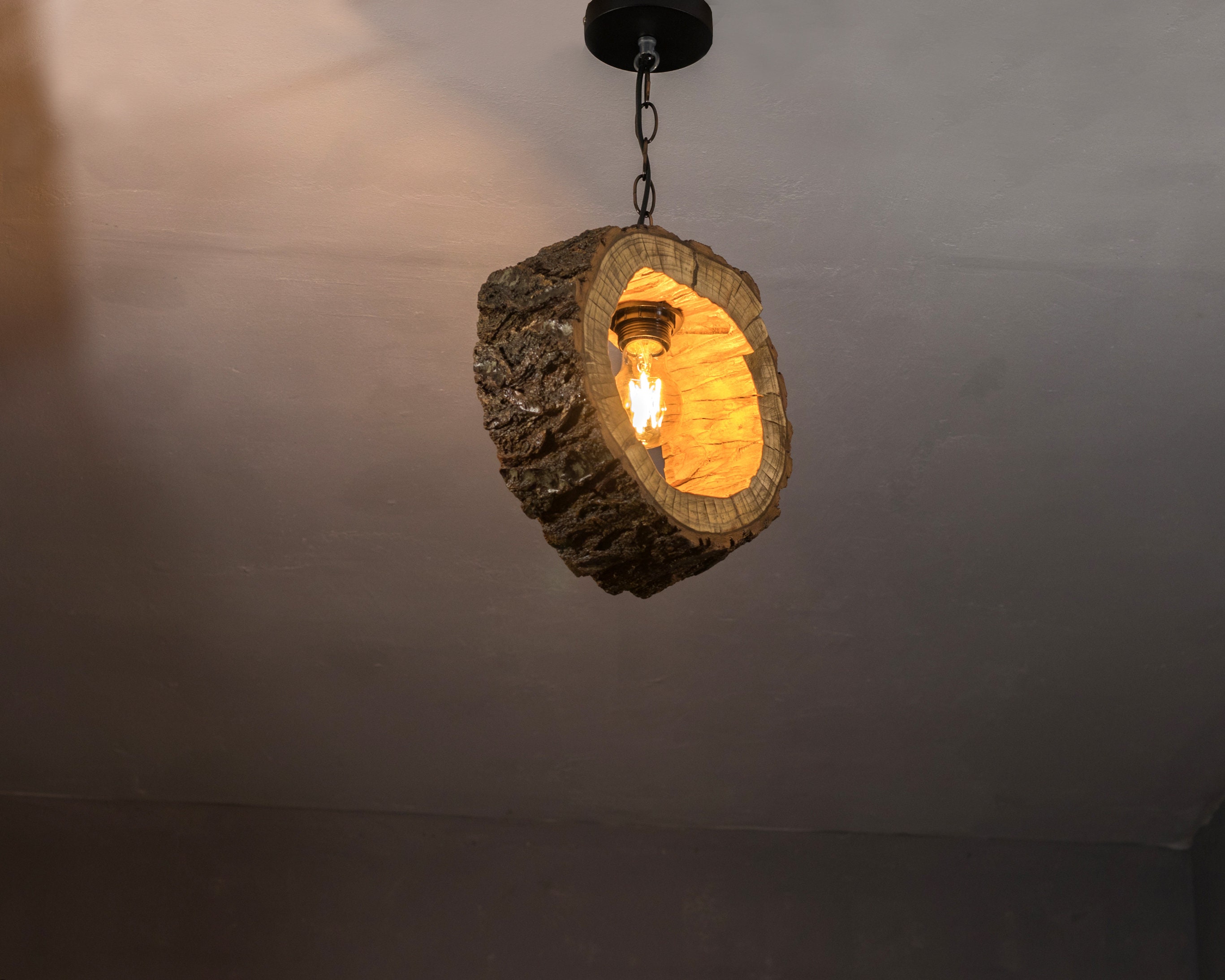 Wood round pendant light Driftwood hanging light Rustic wood | Etsy