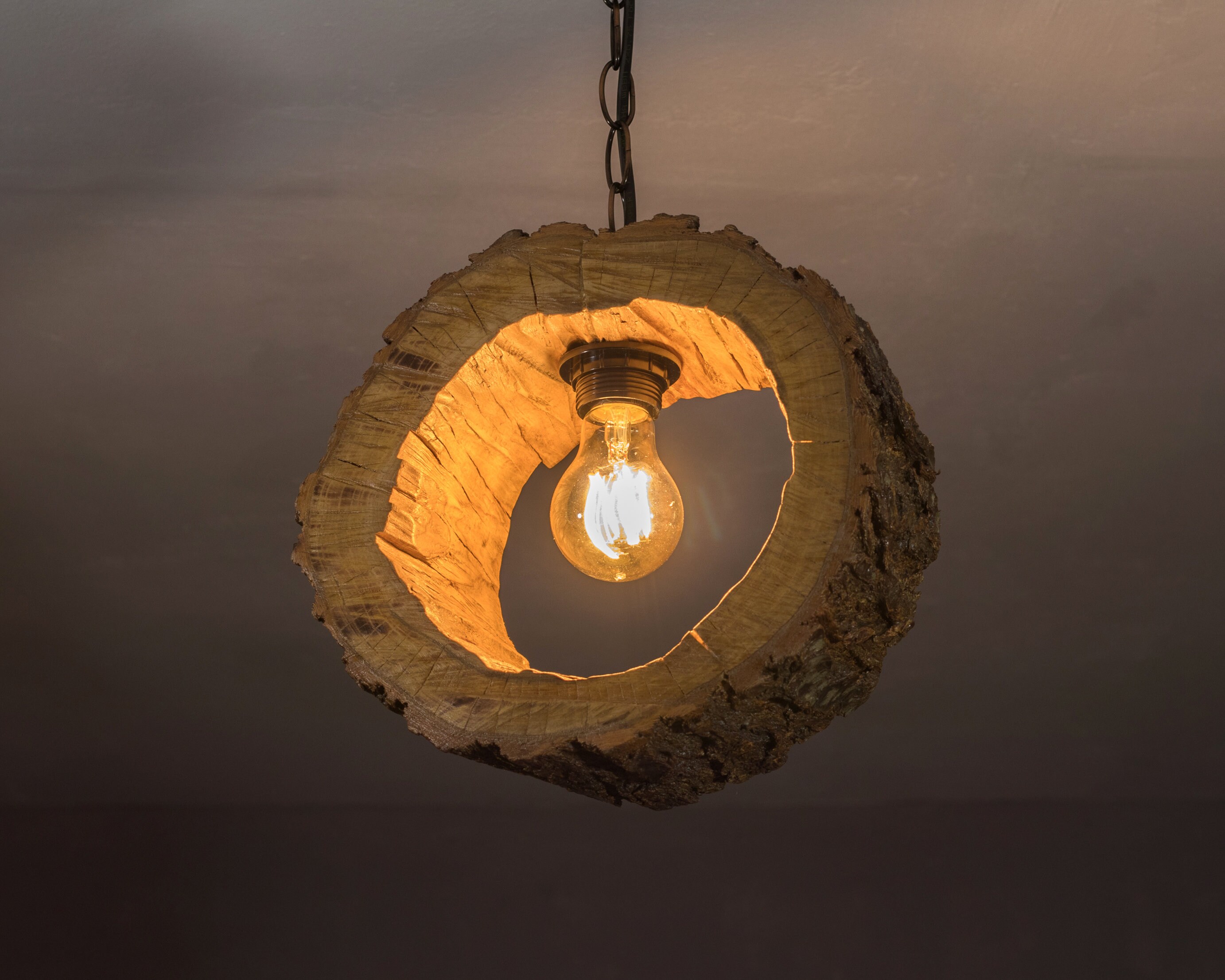 Wood round pendant light Driftwood hanging light Rustic wood | Etsy