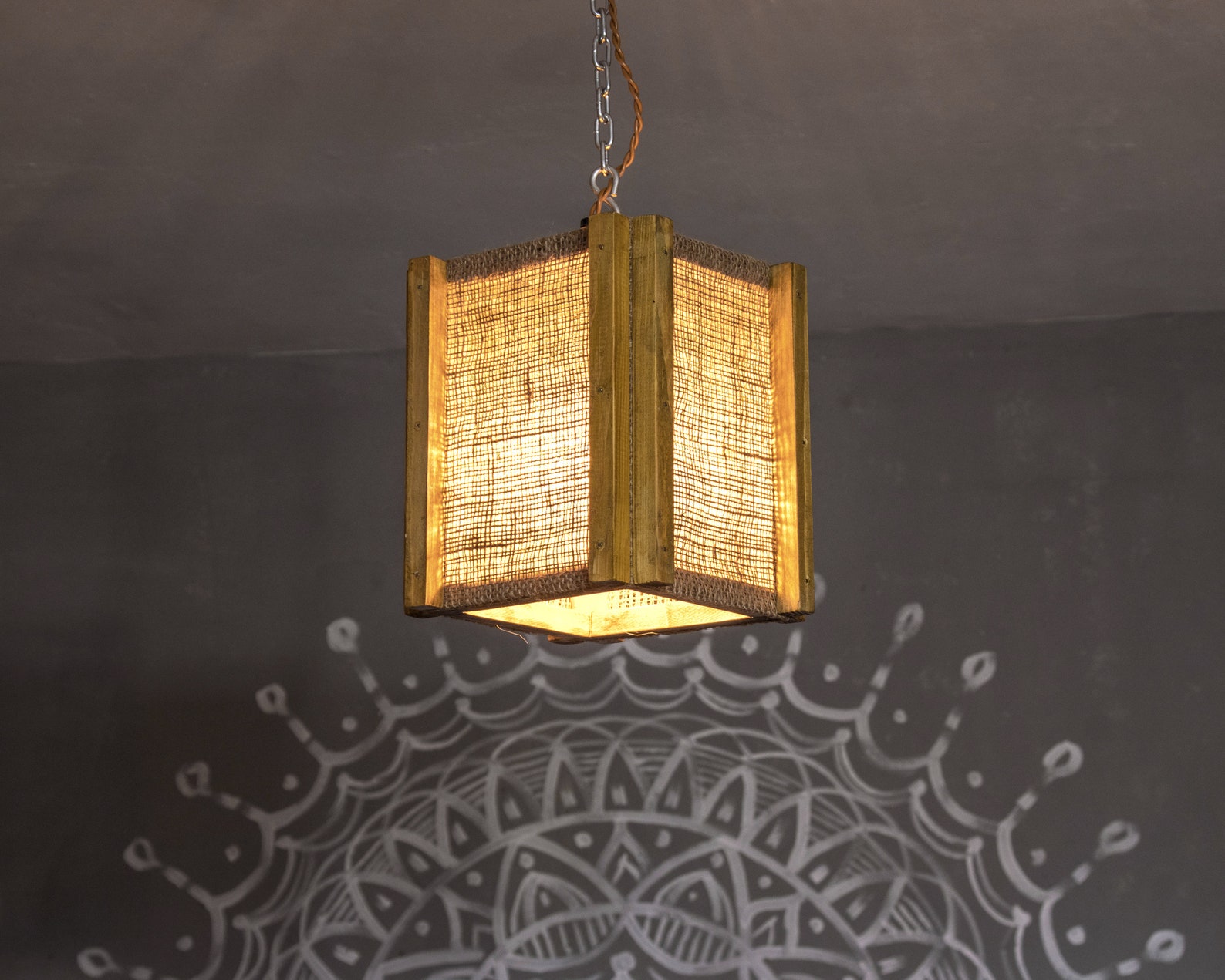 Wooden Hanging Lamp Pendant Burlap Lamp Wooden Lamp Wood | Etsy