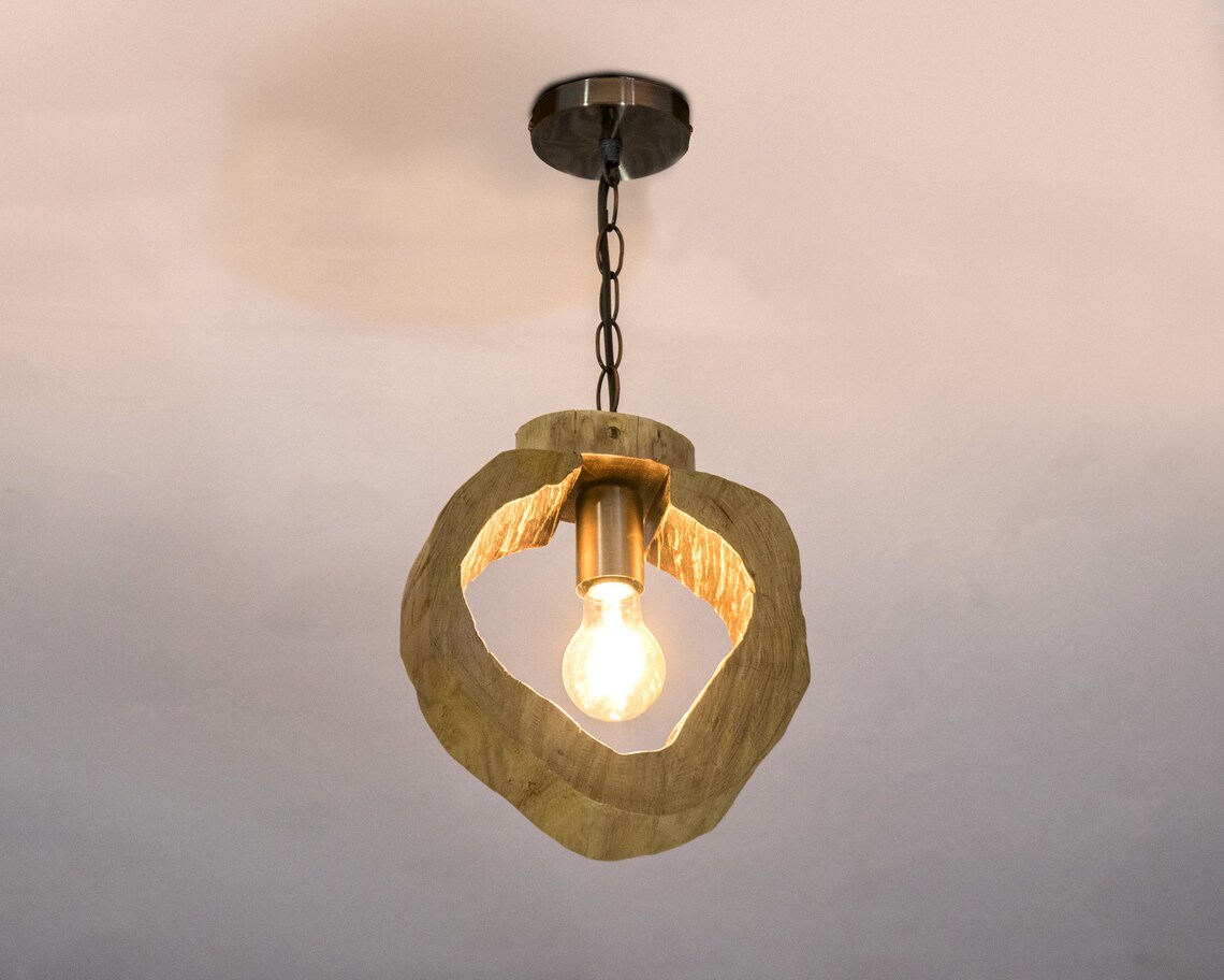 Wood Round Pendant Light Driftwood Hanging Light Rustic Wood | Etsy