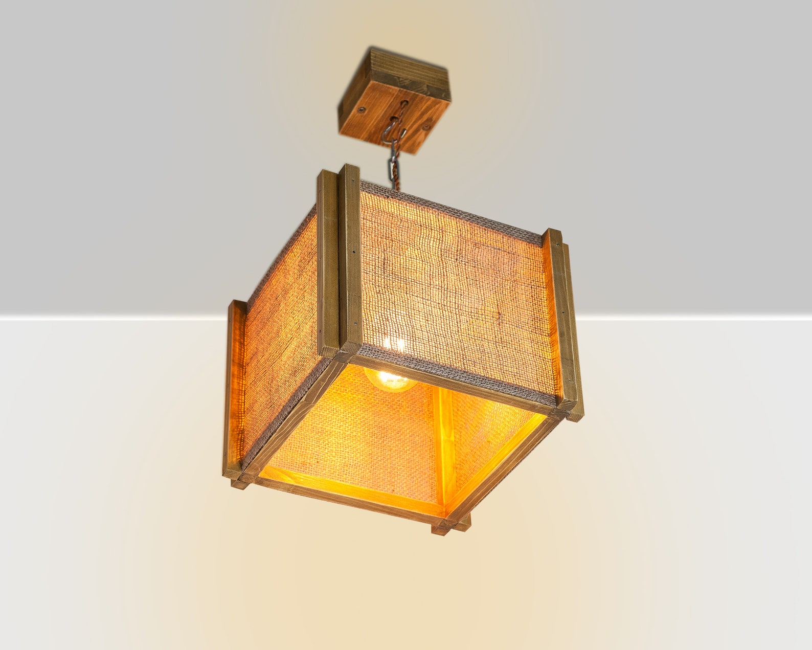 Pendant Burlap Lighting, Wood Hanging Lamp, Wooden Lamp, Wood ...