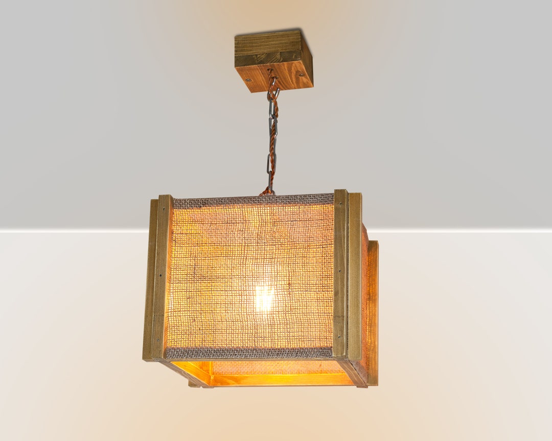 Pendant Burlap Lighting, Wood Hanging Lamp, Wooden Lamp, Wood ...