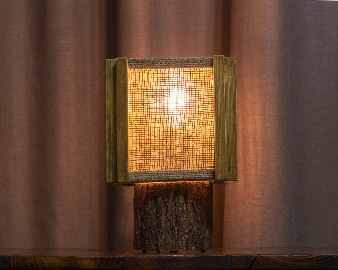 Wood table lamp Burlap lamp shades Wooden Lamp Rustic wood | Etsy