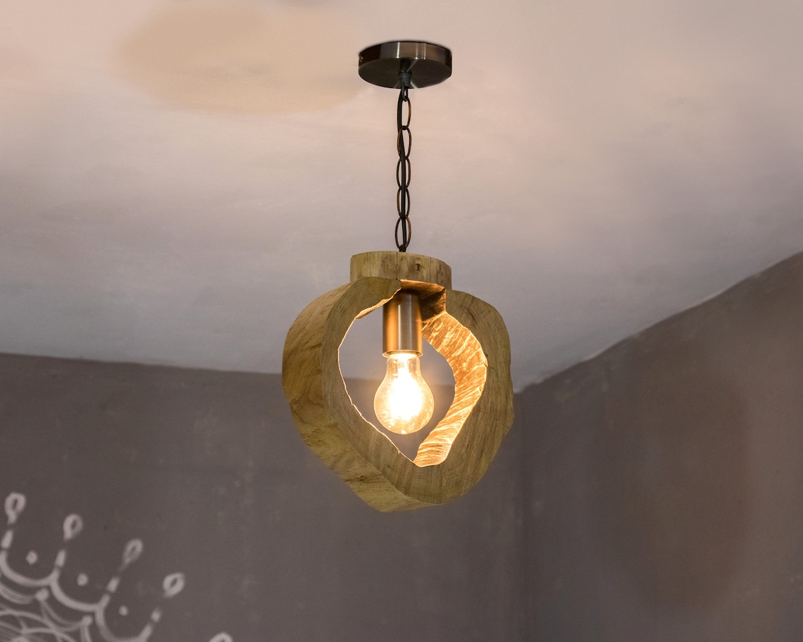 Wood Round Pendant Light Driftwood Hanging Light Rustic Wood | Etsy
