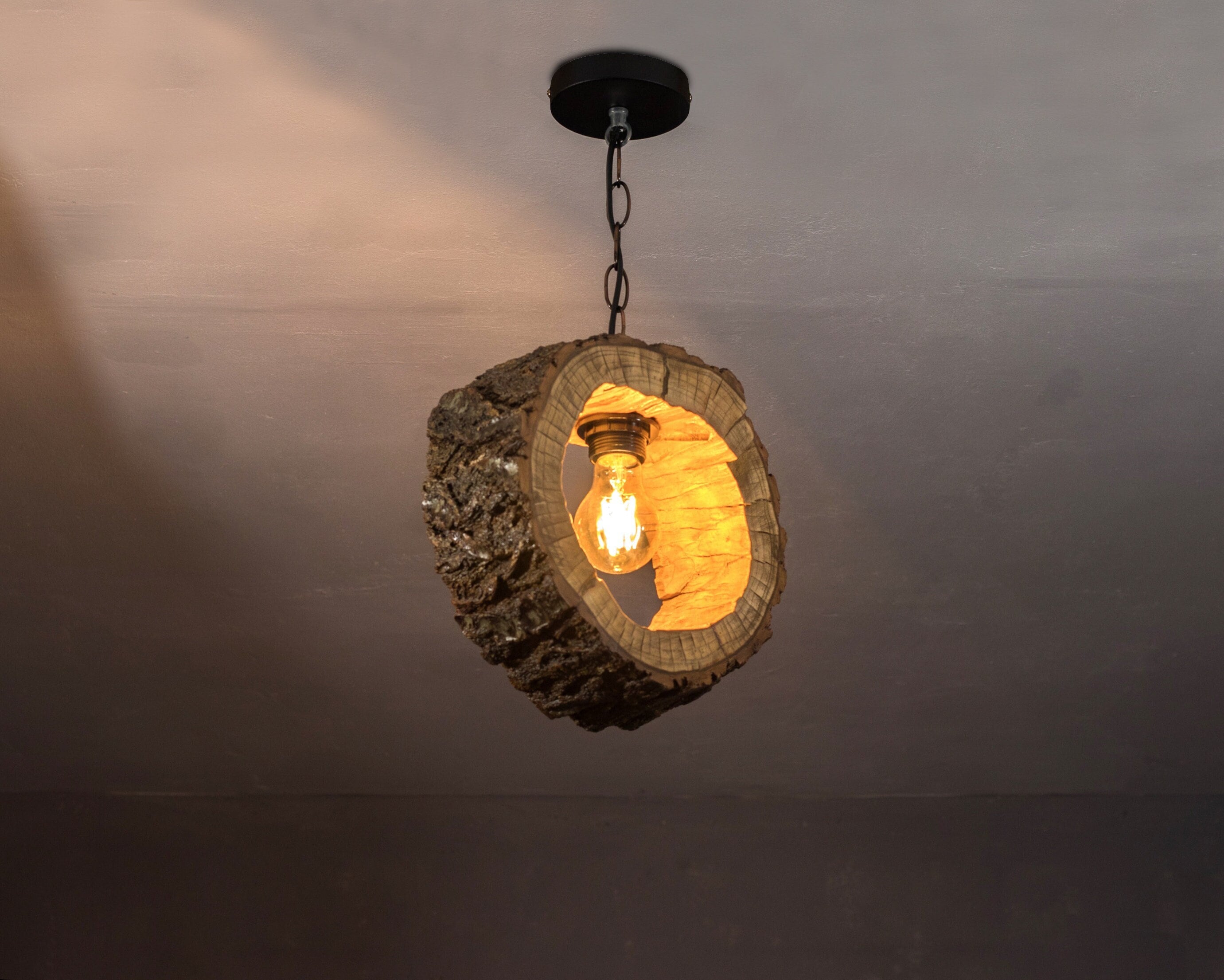 Wood round pendant light Driftwood hanging light Rustic wood | Etsy