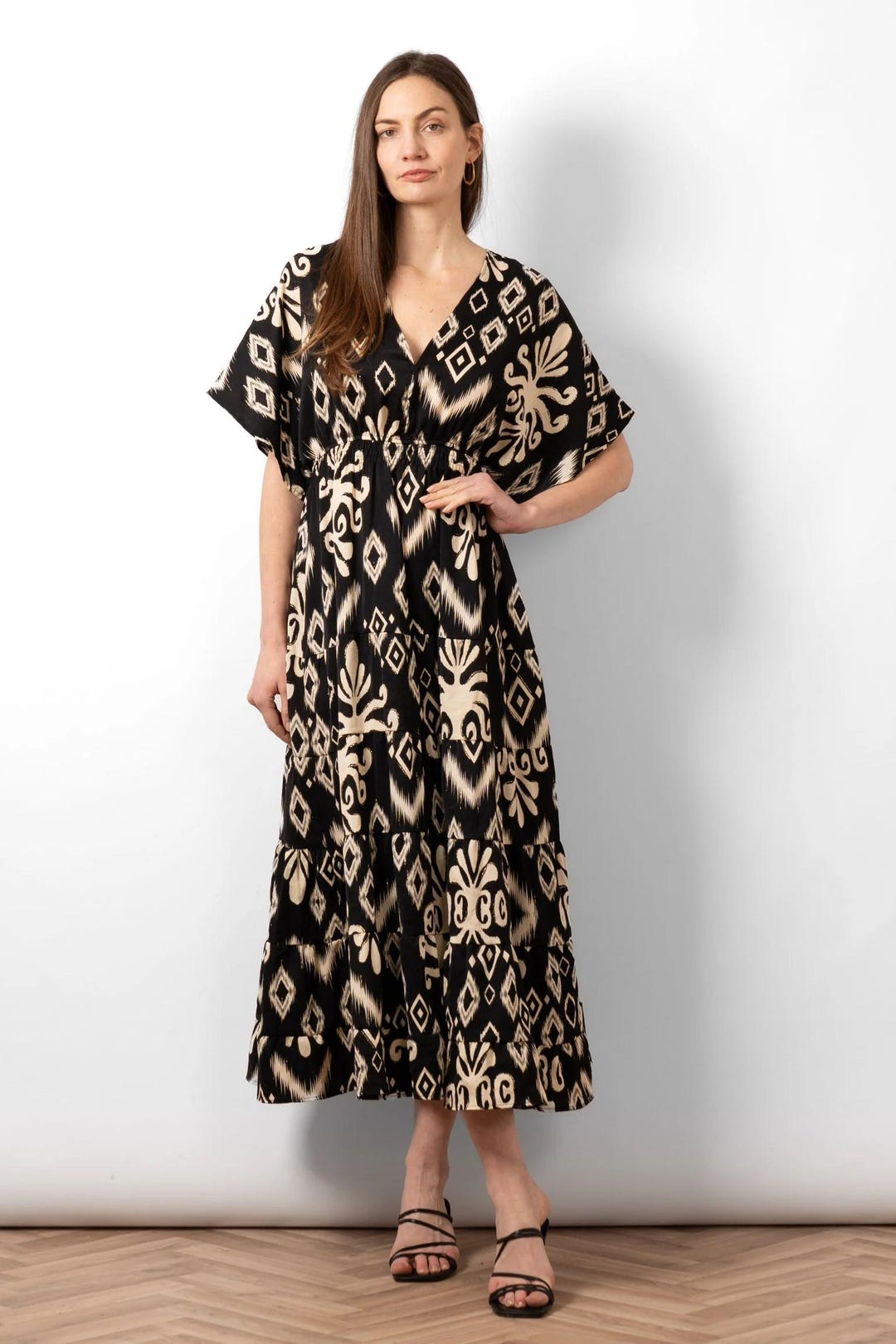 Boho Maxi Dress, Black Aztec Print Dress, Deep V-neck Kaftan Dress ...