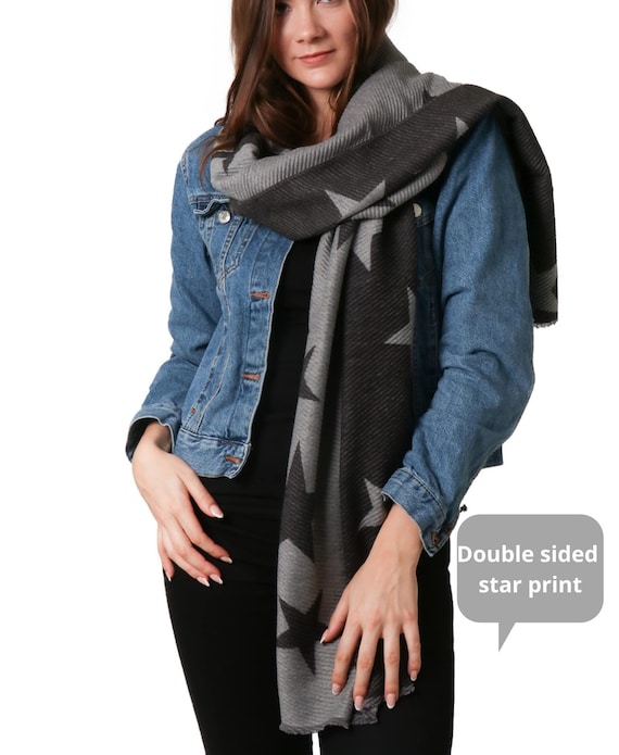Black Grey Star Scarf Reversible Star Scarf Pleated Blanket Scarf Minimalist Scarf Star Print Scarf Gifts for Her Scarves for Women Etsy
