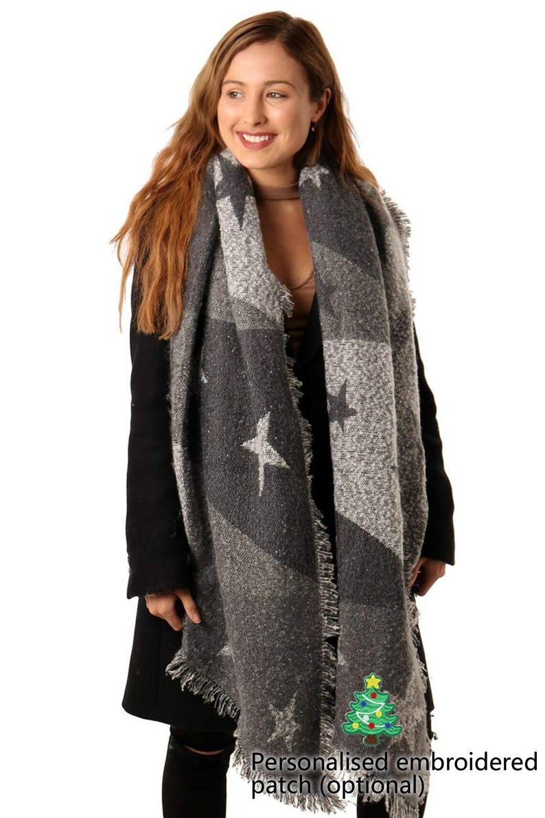 Personalised Blanket Scarf, Grey Star Scarf, Initial Personalised Gifts ...