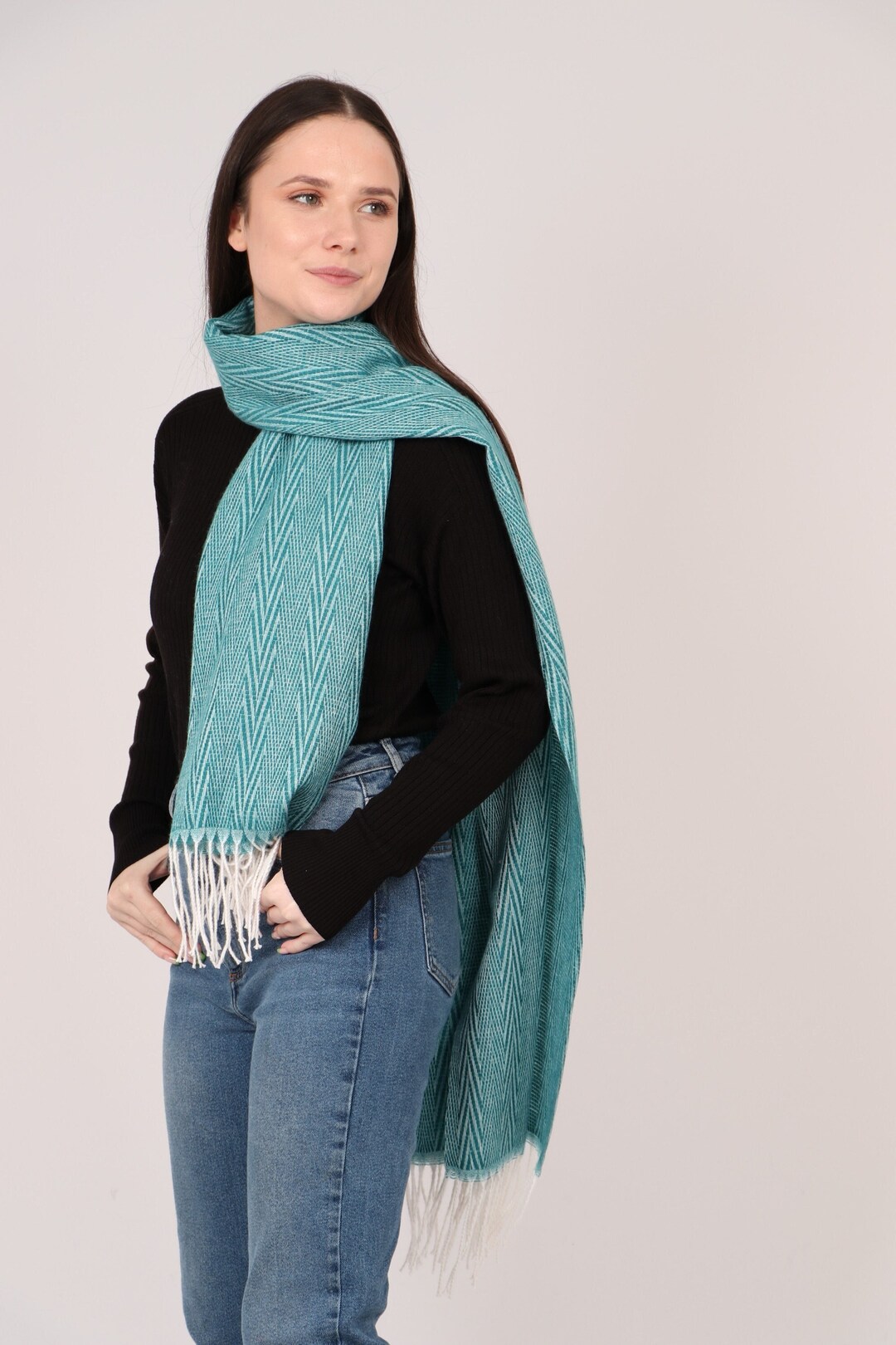Teal Scarf, Herringbone Blanket Scarf, Tasseled Scarves for Women ...