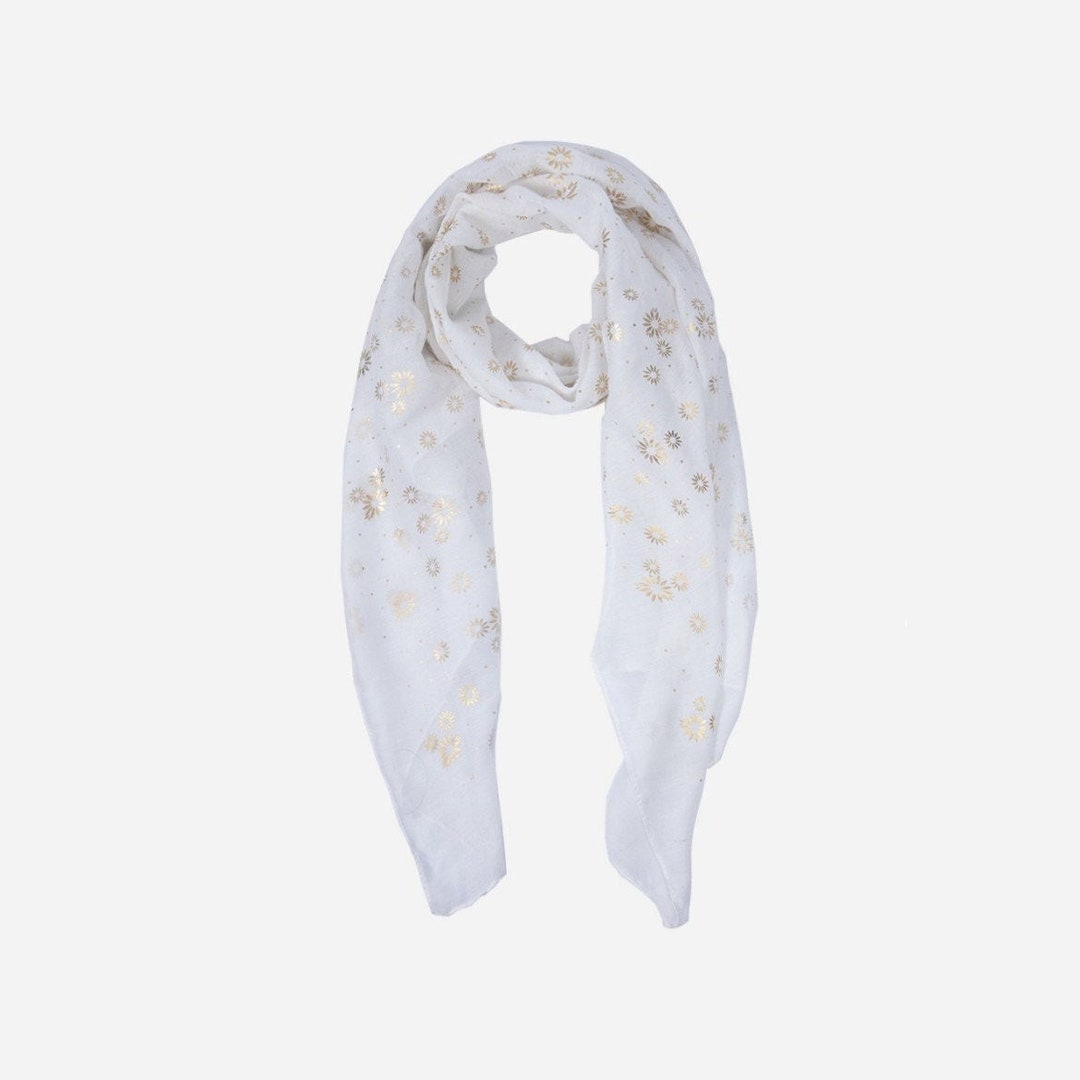 Gold Daisy Foil Scarf, Womens White Scarf, Daisy Print Scarf ...