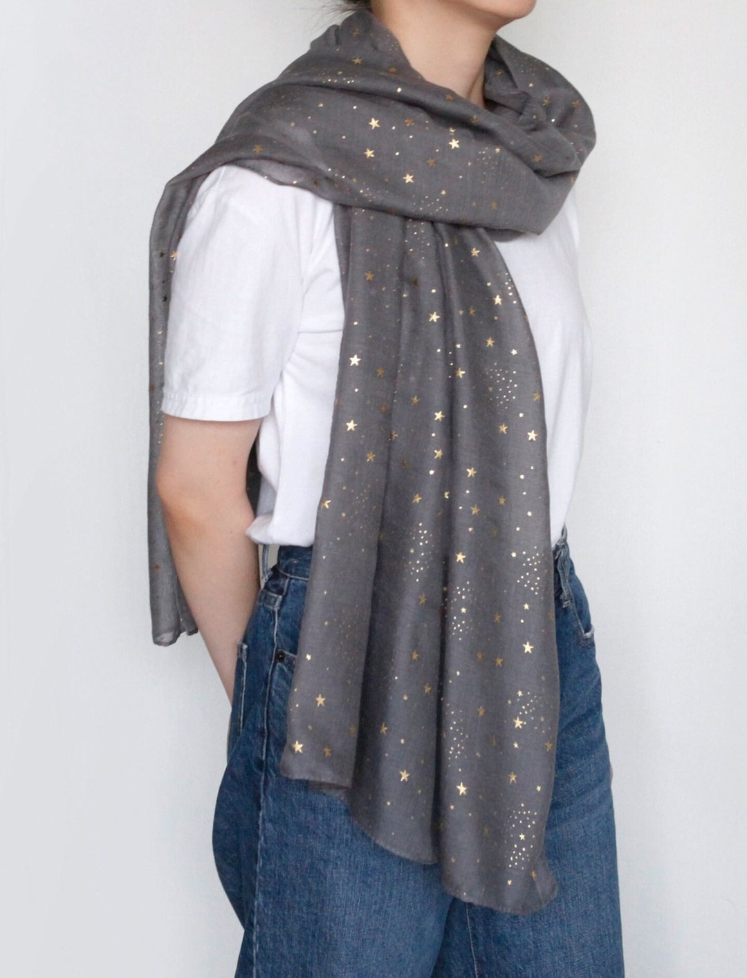 Personalised Gold Star Scarf, Foil Print Scarf, Womens Galaxy Scarf ...