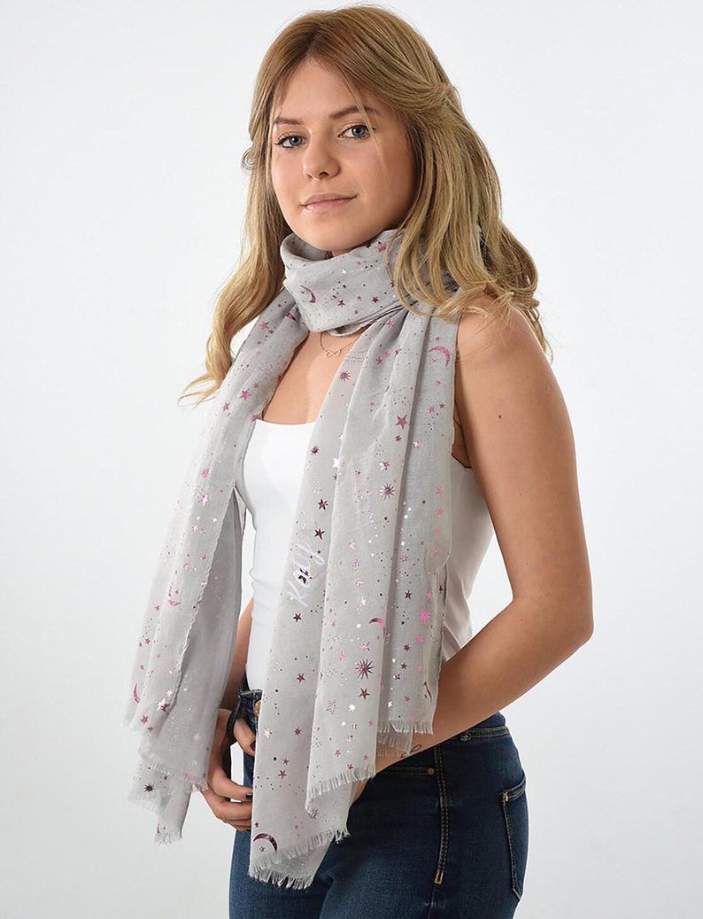 Star and Moon Scarf, Personalized Celestial Foil Print Scarf, Metallic ...