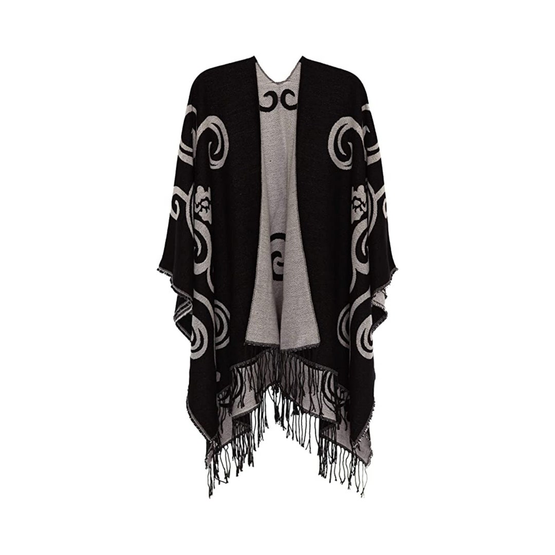 Black Printed Ponchos, Womens Boho Poncho, Plus Size Shawl, Oversized ...