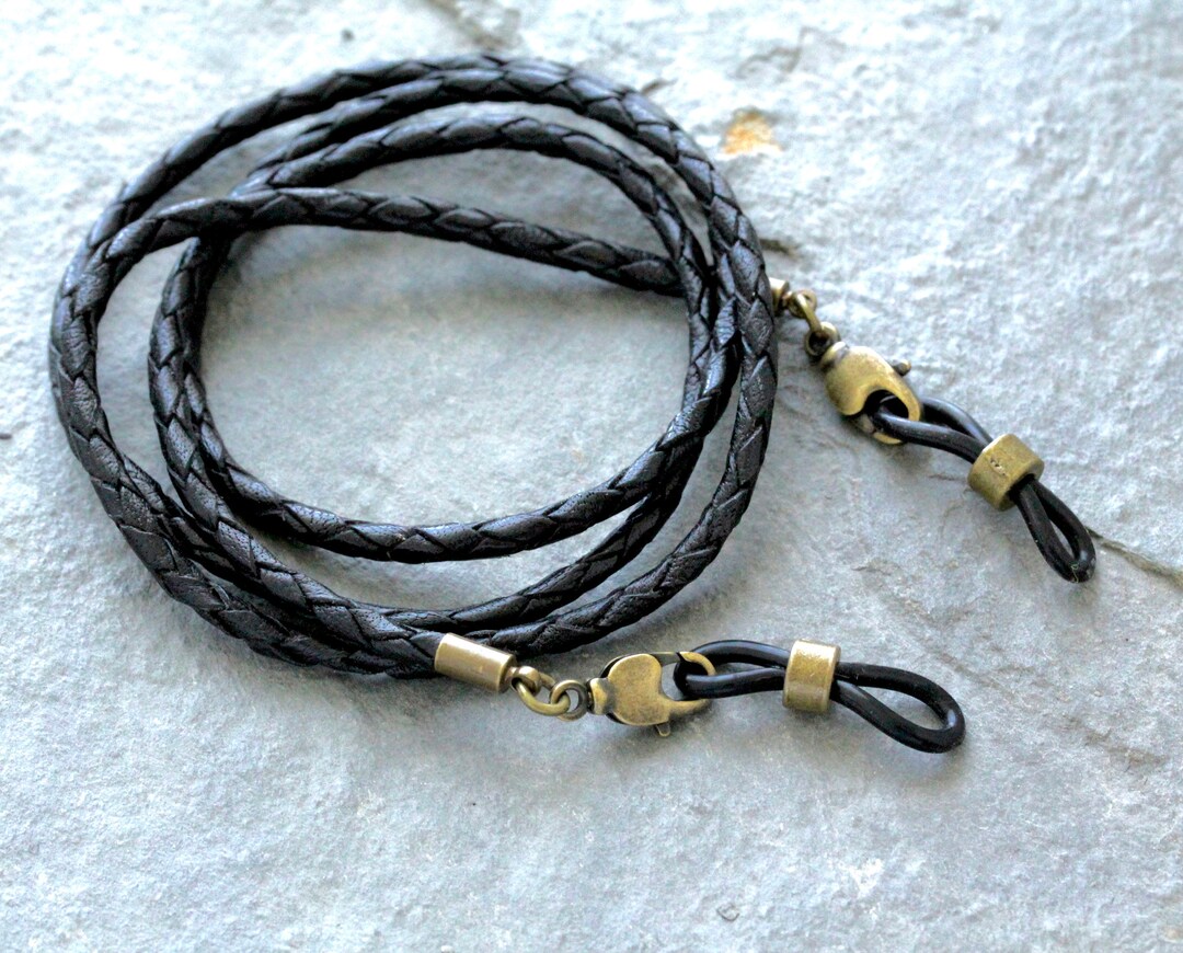 Braided Black Leather Eyeglass Chain, Antique Brass, Mens Sunglasses ...