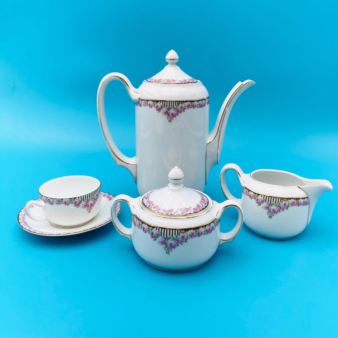Porcelain Teapot Set With Gold Trim & Red/pink Rose Borders. Includes ...