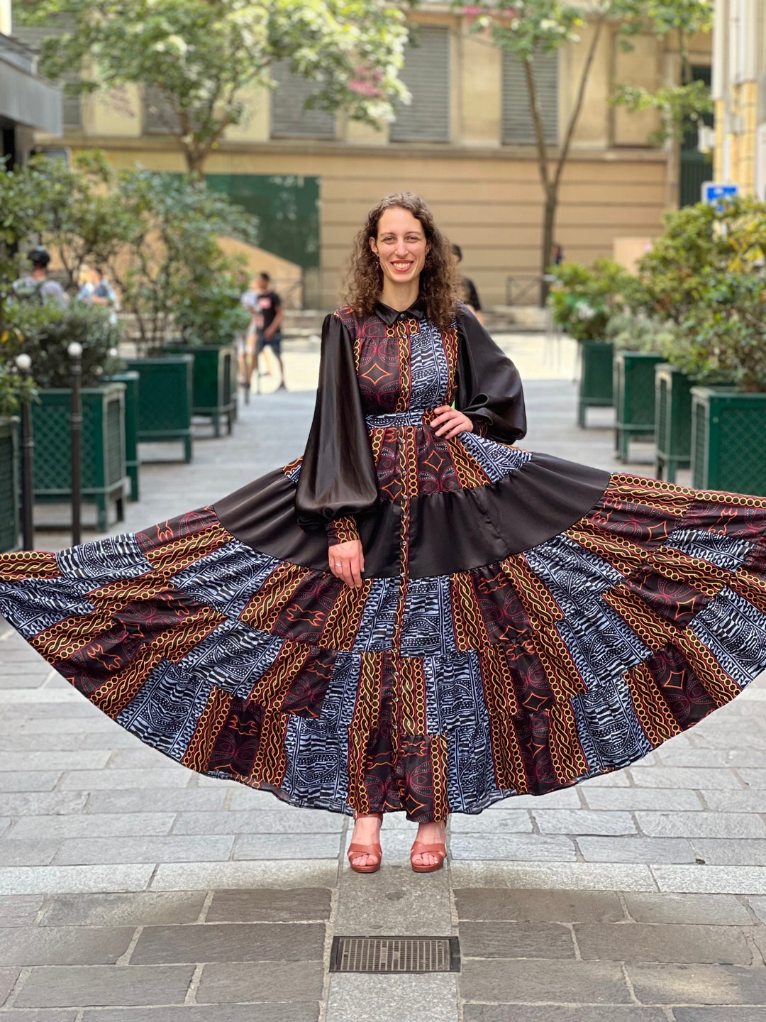 Flared Long Flow Dress With Balloon Sleeves With Wax, Ndop and Silk ...