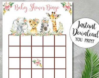 Girl Jungle Bingo Baby Shower Game, Wild Safari Animals Baby Sprinkle ...