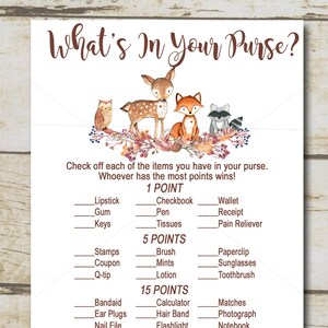 Woodland Baby Shower Game, Whats in Your Purse Game, Woodland Forest ...