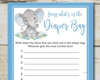 Blue Elephant Baby Shower Game Whats in the Diaper Bag Game | Etsy