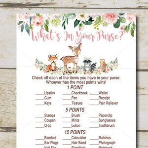 Pink Woodland Baby Shower Game, Whats in Your Purse,floral Girl ...
