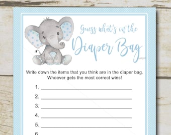 Blue Elephant Baby Shower Game Whats in the Diaper Bag game | Etsy