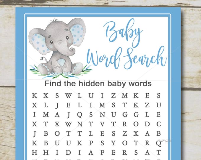 Boy Elephant Baby Shower Game, Word Search Game, Blue Elephant Boy Baby ...