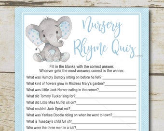 Blue Elephant Nursery Rhyme Quiz Baby Shower Game Boy Elephant - Etsy