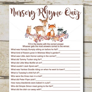 Woodland Baby Shower Game, Nursery Rhyme Quiz Game, Woodland Forest ...