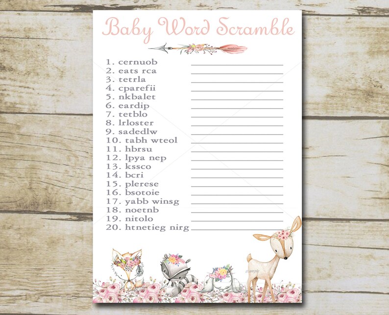 Girl Woodland Baby Shower Game, Word Scramble Game, Pink Boho Woodland ...