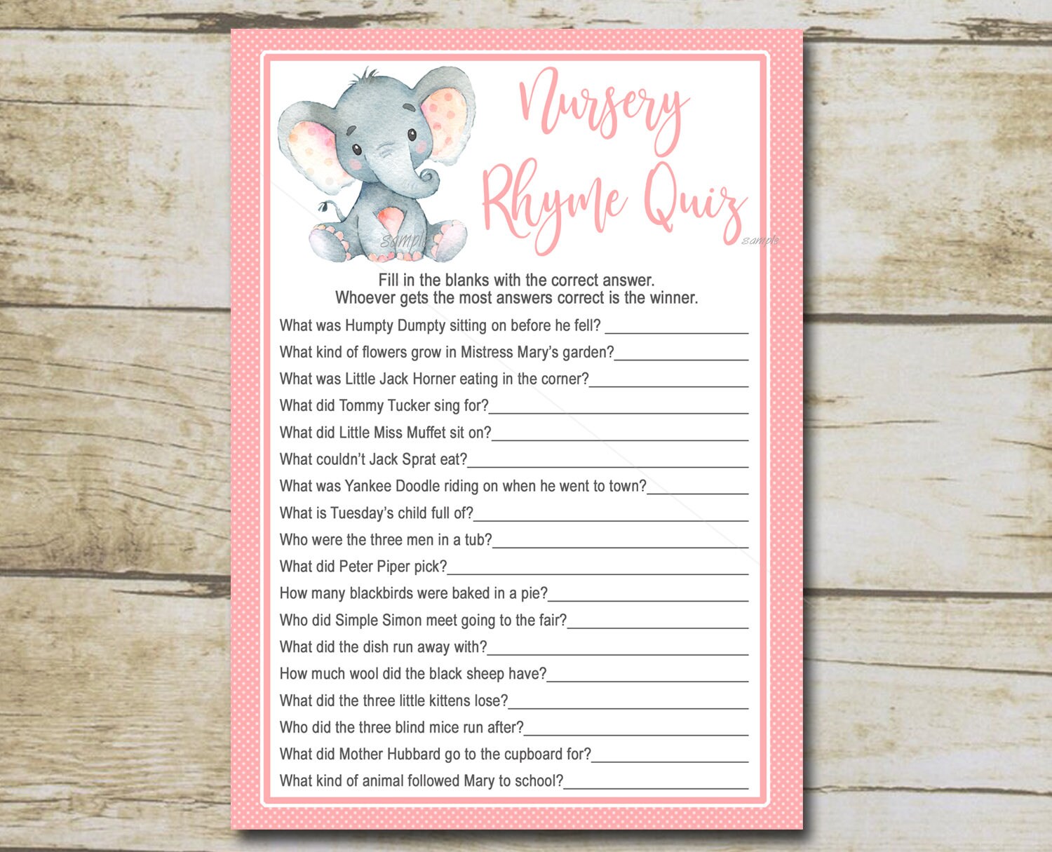 Elephant Baby Shower Game, Nursery Rhyme Quiz Game, Pink Elephant Girl ...