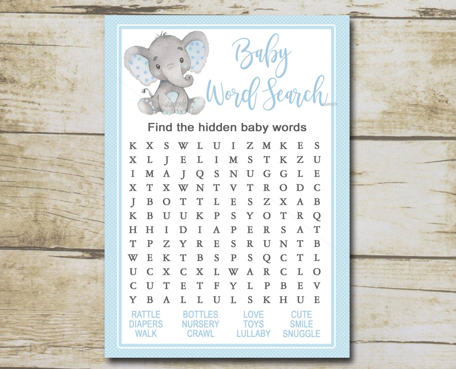 Boy Elephant Baby Shower Game Word Search Game Blue Elephant - Etsy