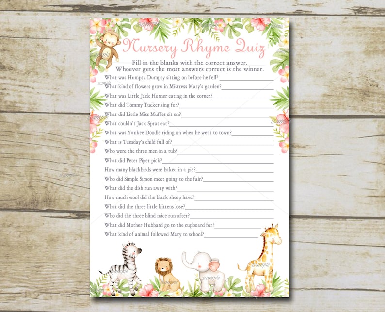 Girl Safari Baby Shower Game, Nursery Rhyme Quiz Game, Pink Floral ...