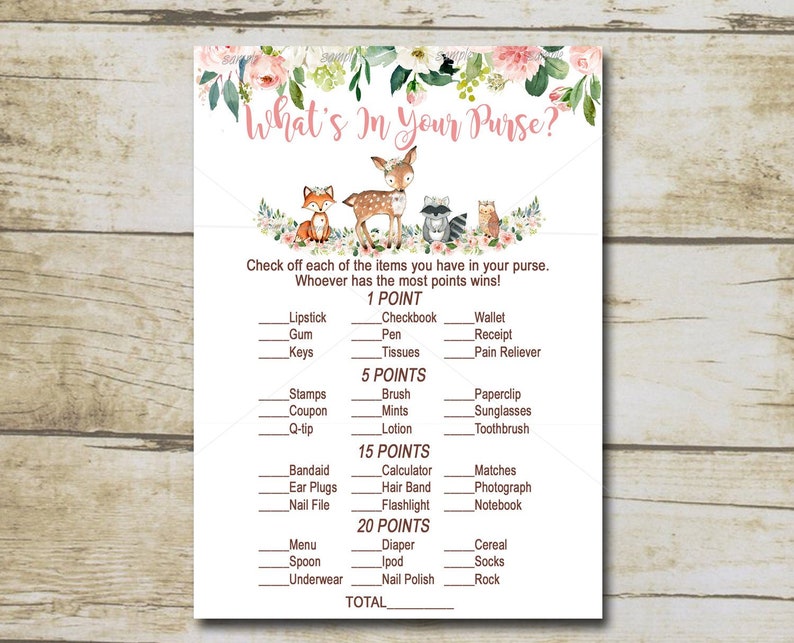 Pink Woodland Baby Shower Game, Whats in Your Purse,floral Girl ...