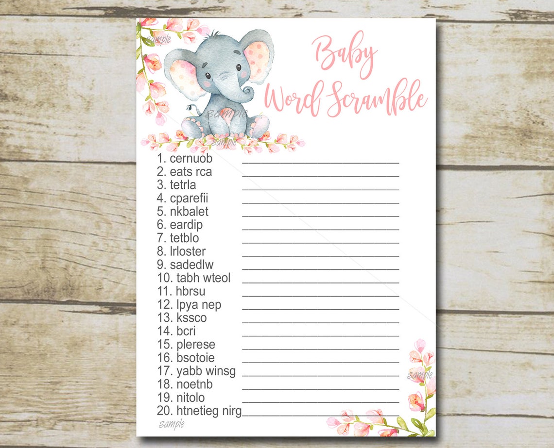Girl Elephant Baby Shower Game Word Scramble Game Pink - Etsy