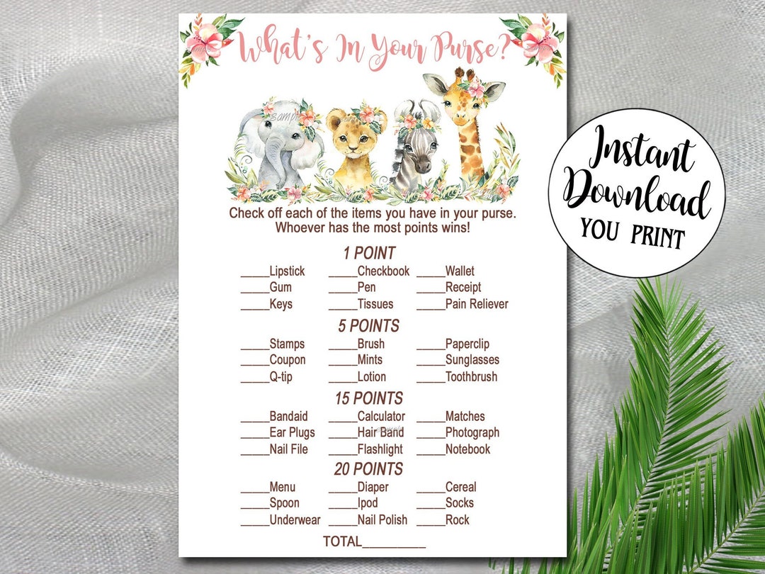 Girl Safari Baby Shower Game, Safari What's in Your Purse Game, Jungle ...