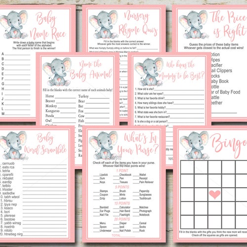 Printable Elephant Baby Shower Games Bundle Girl Elephant - Etsy