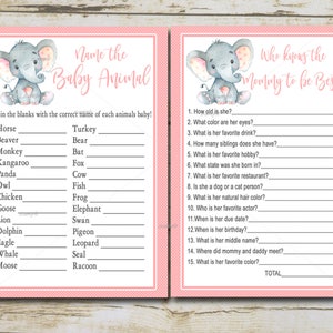 Girl Elephant Baby Shower Game Package Set, 8 Printable Pink Elephant ...