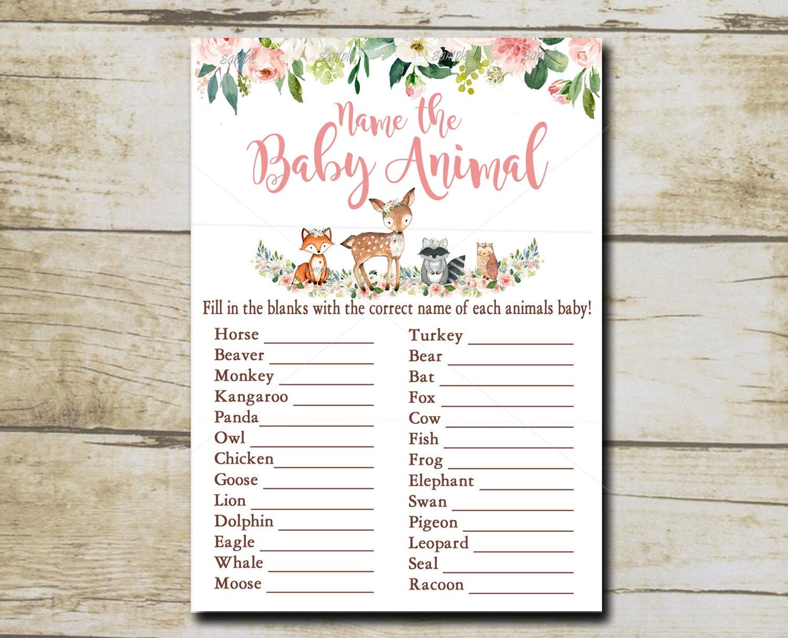 Woodland Baby Shower Game Name the Baby Animals Game Girl | Etsy