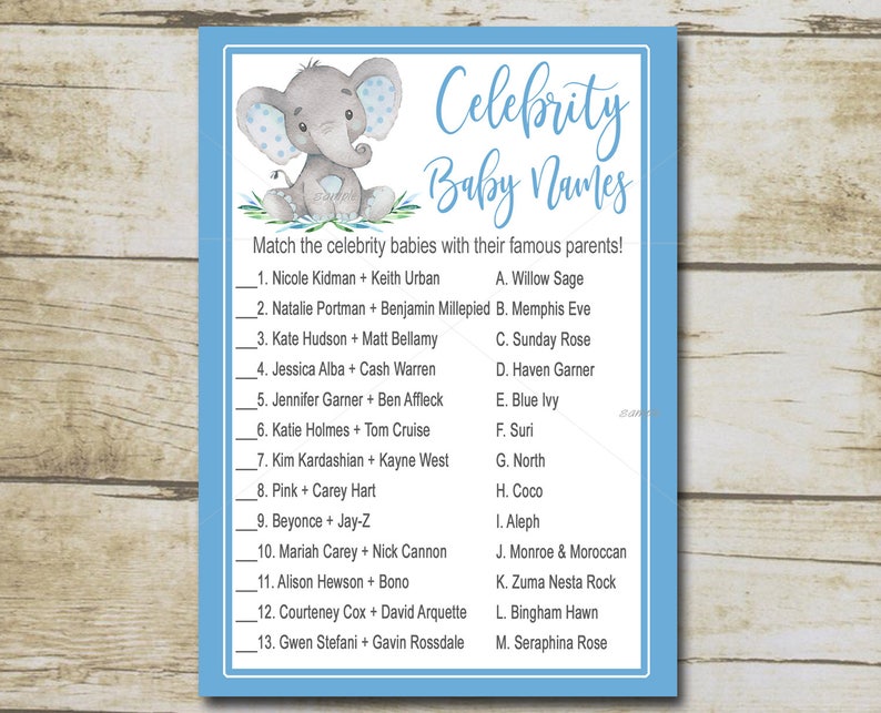 Elephant Baby Shower Game Celebrity Baby Names Game blue | Etsy
