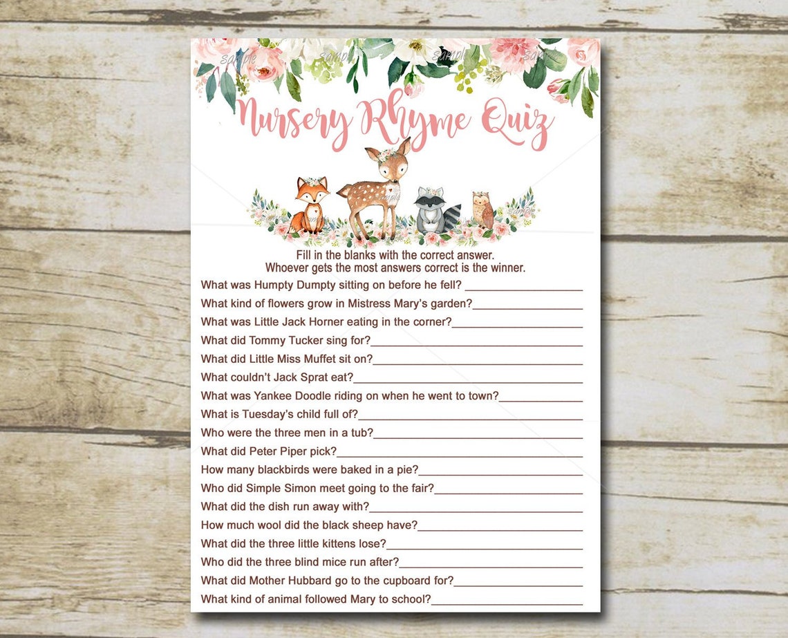Girl Woodland Baby Shower Game Nursery Rhyme Quiz Game Pink | Etsy