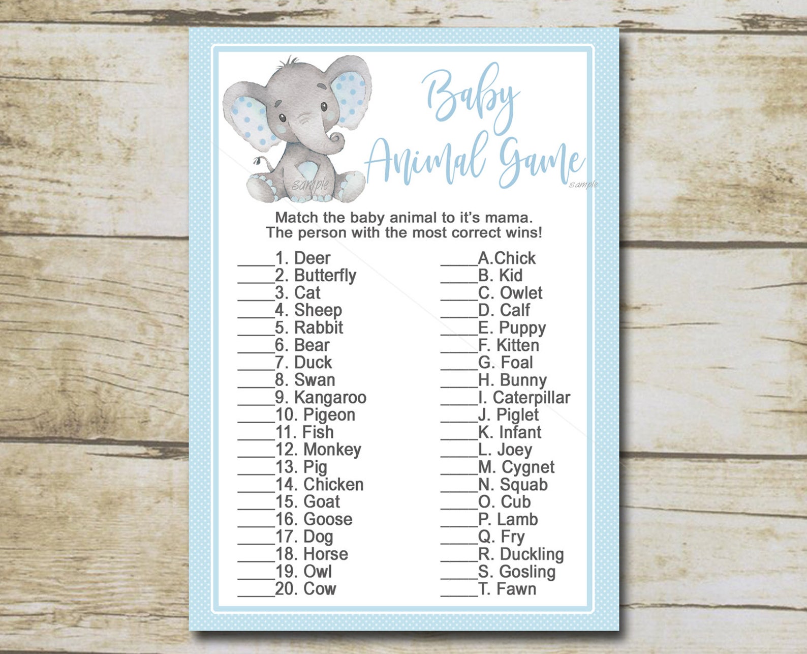 Boy Elephant Baby Shower Game Baby Animal Game Blue Elephant - Etsy