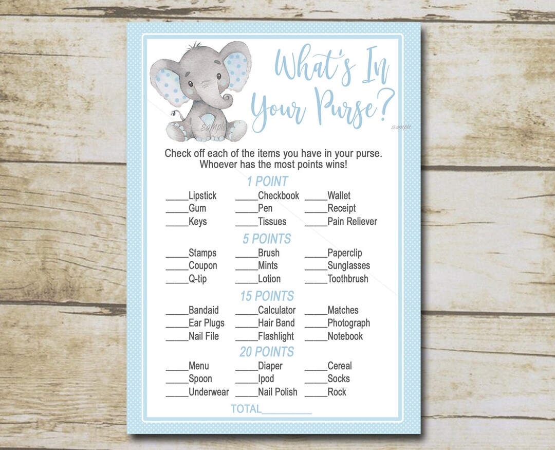 Blue Elephant Baby Shower Game, Whats in Your Purse Game, Boy Safari ...