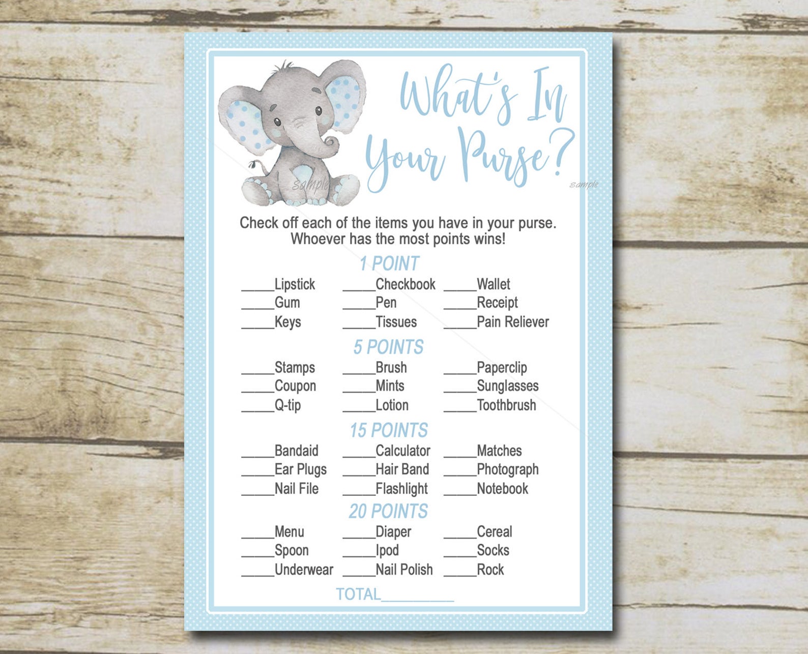 Blue Elephant Baby Shower Game Whats in Your Purse Game Boy - Etsy
