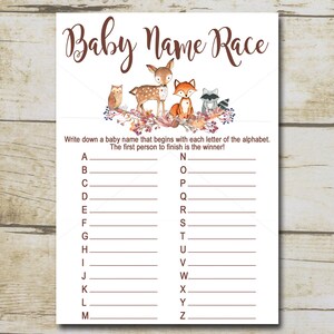 Woodland Baby Shower Game, Baby Names Race Game, Woodland Forest ...