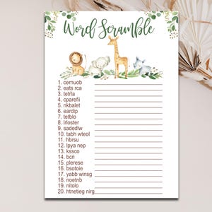 Safari Baby Shower Game, Word Scramble Game, Greenery Jungle Animals ...
