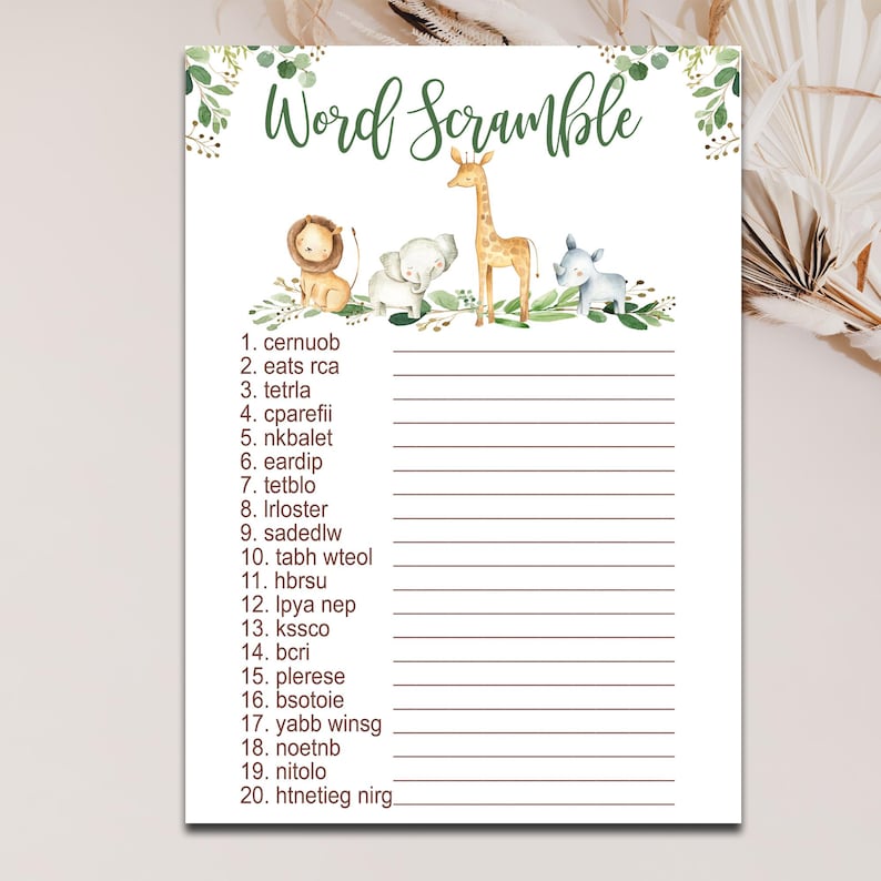 Safari Baby Shower Game, Word Scramble Game, Greenery Jungle Animals ...