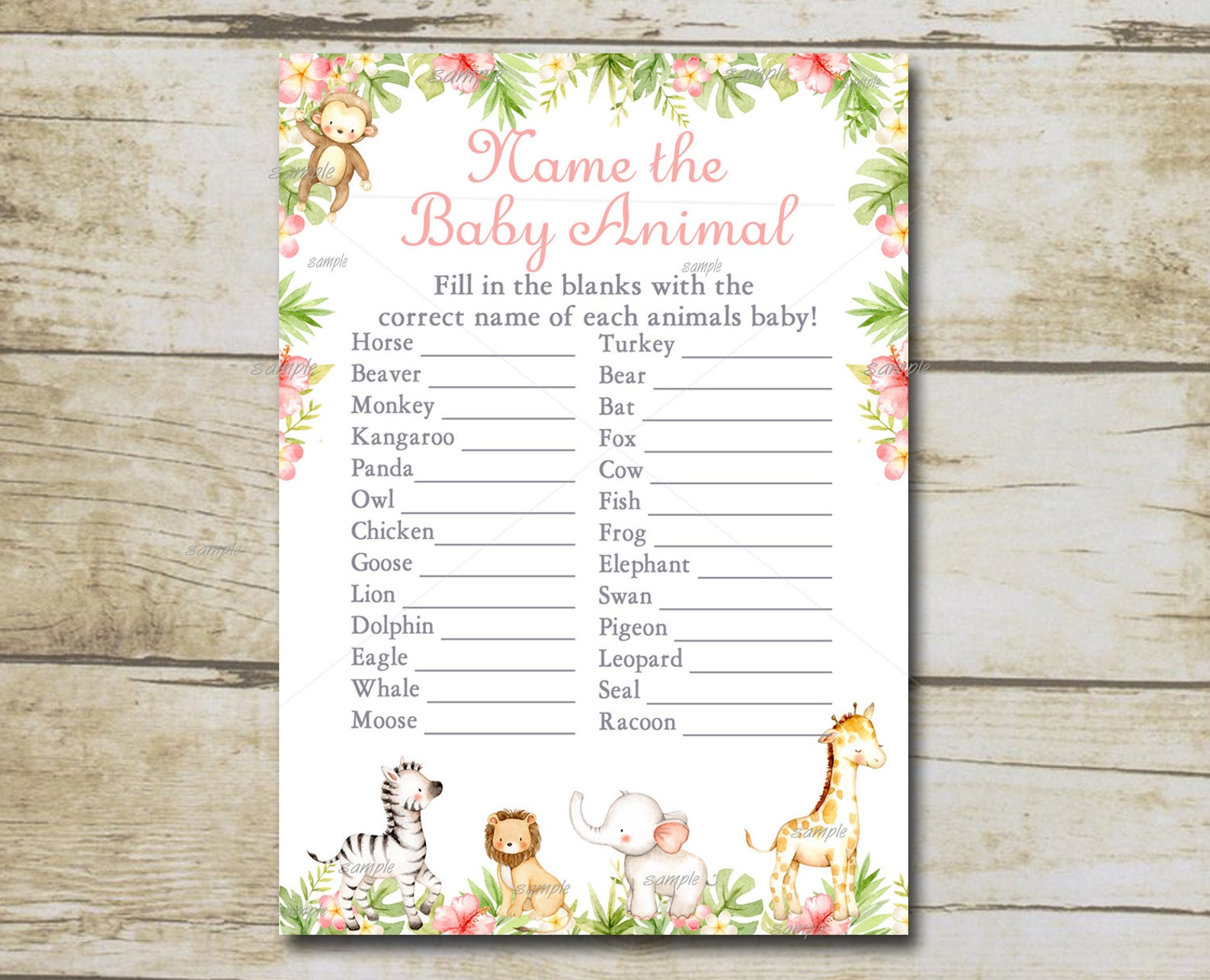 Safari Baby Shower Game Name the Baby Animals Game Girl Pink - Etsy