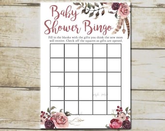DIY Boho Bingo Card Watercolor Green Pink Flowers Purple Feathers ...