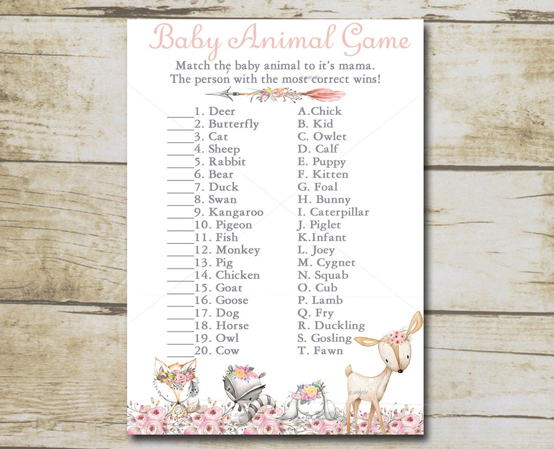 Girl Woodland Baby Shower Game, Baby Animal Game, Pink Boho Girl ...